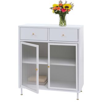 Mendler Kommode HWC-O87, Schrank Sideboard Highboard, Stauf&auml;cher Schubladen Industrial Metall Schilfglas 96x80x40cm - wei&szlig;