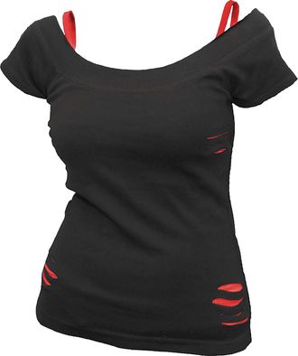Spiral Urban Fashion - 2In1 Red Ripped Top Schwarz - XL