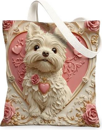 Generic Cairn Terrier Sac fourre-tout en toile r&eacute;utilisable pour le shopping 33 x 38 cm, motif coeur en relief pour la Saint-Valentin, sac d&eacute;picerie r&eacute;utilisa