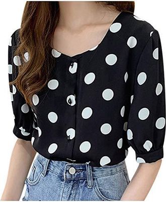 Generic T-shirt décontracté à manches longues en mousseline de soie à pois et col rond pour femme, Noir, XXXL