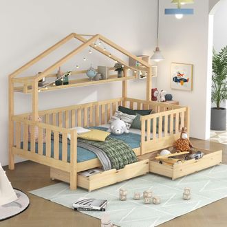 Merax Kinderbett in Holzfarbe,Kinderbett Hausbett mit Schubladen,Massivholz mit Lattenrost, Kiefernholz Hausbett, Kinder und Jugendzimmer,90x200