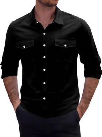 Generic Chemise en lin pour homme &agrave; deux poches &agrave; manches longues boutonn&eacute;e vintage d&eacute;contract&eacute;e et de travail de couleur unie chemise &agrave; revers coupe ajust&eacute;e 