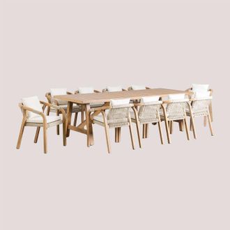 Sklum Set aus rechteckigem Tisch (260x100 cm) und 10 Gartenst&uuml;hlen aus Akazienholz Dubai Gardenia Wei&szlig; Rustikales Akazienbraun - Sklum