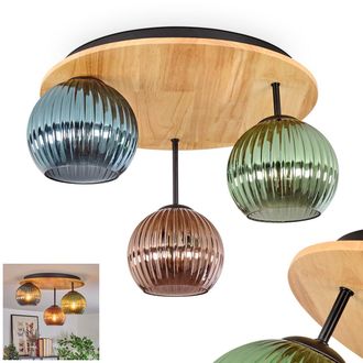 HOFSTEIN Deckenleuchte Koyoto, 3-flammige Deckenlampe aus Metall/Holz/Riffelglas in Schwarz/Natur/Blau/Gr&uuml;n/Kupfer, Leuchte im Retro-Design (Schirme &Oslash; 15 cm), 