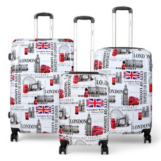 Infinity Leather Erweiterbarer Hartschalenkoffer mit 8 R&auml;dern und London-Print in Wei&szlig;