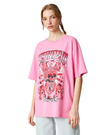 Koton Women Printed Cotton Crew Neck Short Sleeve T-Shirt