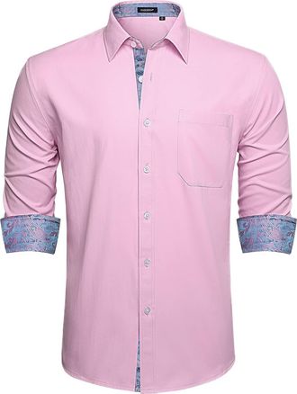 Hisdern Männer Rosa Hemd Langarm Button-down-klassischer Kragen beiläufige Formale Party-Abschlussball-Konzert-Hochzeit Freizeithemd mit Taschen 2XL