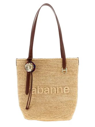 Paco Rabanne Embossed Logo Raffia Tote Bag - Beige