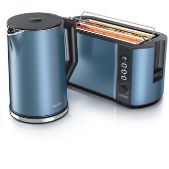Arendo 2-teiliges Fr&uuml;hst&uuml;cksset - Edelstahl Wasserkocher 1,5l, 4-Scheiben Langschlitz Toaster, Blau Matt - Arendo