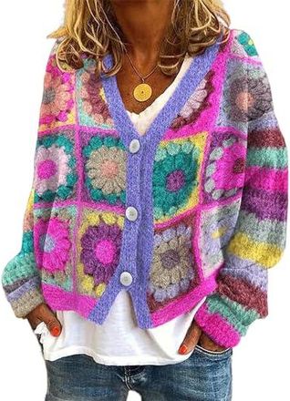 Generic Cardigan dautomne en coton tricoté à col en V, cardigan décontracté extensible à motif marguerite pour femme, Motif 03, XL