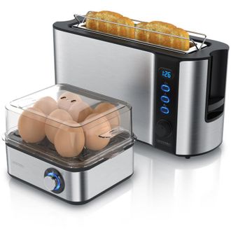 Arendo 2-teiliges Fr&uuml;hst&uuml;cksset, 2-Scheiben Langschlitztoaster frukost, 8er Eierkocher, Silber - Arendo