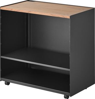 Yamazaki Tableware Yamazaki 1425 TOWER Halbgeschlossener Aufbewahrungswagen mit Holzablage, schwarz, Stahl/Holz/Nylon, minimalistisch, 35,3 x 60,3 x 59 cm