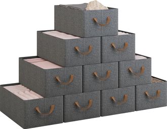 Woltu Faltbare Aufbewahrungsboxen 10 St&uuml;ck, Stoff-Aufbewahrungsw&uuml;rfel mit Griffen, Organizer Boxen f&uuml;r Regale, Stapelboxen zur Aufbewahrung, Grau, 47x28x20c