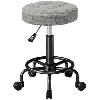 HOMCOM Tabouret pivotant Rond &agrave; roulettes Hauteur r&eacute;glable 50-66 cm Si&egrave;ge rembourr&eacute; en Tissu molletonn&eacute; pour Salons Ateliers Spa Massage Gris