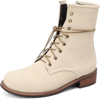 Generic Bottes de combat &agrave; lacets confortables &agrave; bout rond et talon bloc bas avec fermeture &eacute;clair lat&eacute;rale pour femme, beige, 38.5 EU