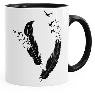 Autiga Tasse Feder V&ouml;gel gl&auml;nzend Kaffeetasse Teetasse Keramiktasse mit Innenfarbe Schwarz unisize