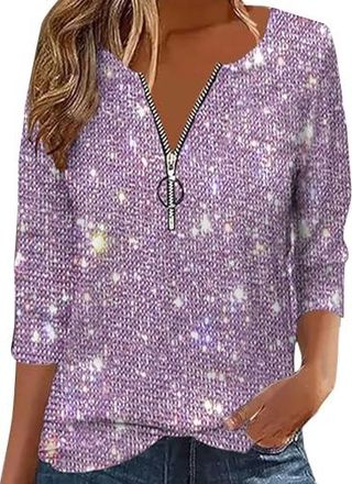 Generico Hauts scintillants pour femme - Chemises &agrave; paillettes de No&euml;l &eacute;l&eacute;gantes &agrave; volants - Tunique &eacute;l&eacute;gante &agrave; manches courtes - Col rond - Pull &agrave; paillettes 