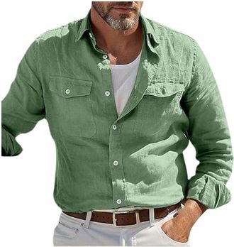 Generic Chemise en lin pour homme grande taille - Haut en lin blanc - Chemise longue l&eacute;g&egrave;re pour homme - Costume de plage pour homme - T-shirt &agrave; manches longu