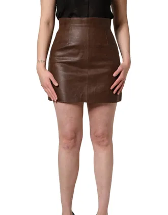 Dolce & Gabbana Womens Brown Leather High Waist Bodycon Mini Skirt Toro
