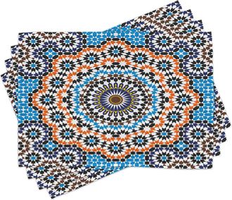 Abakuhaus Jahrgang Platzmatten 8 Stück, Mediterraner Keramikfliesen Muster, Waschbare Stoff Esszimmer Küche Tischdekorations, Blau Orange