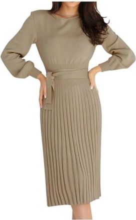 Generic Robes amincissantes &eacute;l&eacute;gantes de couleur unie pour femmes, robe chandail en tricot &agrave; col en V, kaki, XXL