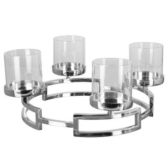 Fink runder Edelstahl Teelichtst&auml;nder &Oslash; 37 cm 4-flammig Kerzenhalter-Kranz inkl. Gl&auml;ser