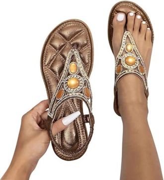 Generic Sandales plates pour femme - Style bohème - Strass - Sandales glamour - Sangle élastique à la cheville - Style bohème - Chaussures plates tendance pou