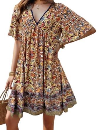 Onsoyours Femme Robe Longue Été Robes Grande Taille À Manches Courtes Col V De Plage Grande Swing Chic Imprimé Floral Casual Boho Robe De Soirée Printemps B02 J