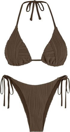 Zaful Bikini-Sets f&uuml;r Damen, Neckholder, Zweiteiliger Badeanzug, gerippt, hoch geschnitten, seitliche Tanga, Badeanzug, sexy, gepolsterte Bademode, Deep Cof