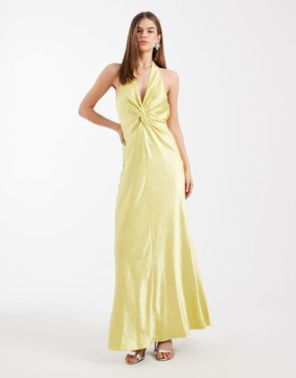 Six Stories Linvit&eacute;e - Robe longue en satin avec encolure am&eacute;ricaine plongeante et d&eacute;tail torsad&eacute; - Jaune-Vert