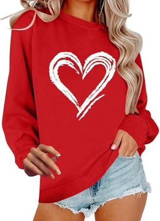 Generic Sweat-shirt &agrave; manches longues et col rond pour femme - Motif coeur - Rouge, rose vif, XXL