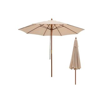 Costway Costway - Parasol de Jardin Pliable 2,83M avec M&eacute;canisme de Poulie &agrave; Corde Poteau en Bois 8 Baleines en Fibre de Verre pour Cour, Beige