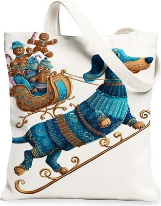 Generic Sac fourre-tout en toile pour chien dhiver, motif tra&icirc;neau animal amusant, sacs de courses r&eacute;utilisables, festifs l&eacute;gers et lavables avec bandouli&egrave;re 