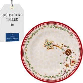 Villeroy & Boch Winter Bakery Delight Frühstücksteller Sternschnuppe, 21,5 cm, Premium Porzellan, Weiß/Rot/Beige