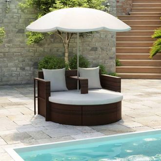vidaXL Lit de jardin avec parasol Marron R&eacute;sine tress&eacute;e vidaXL
