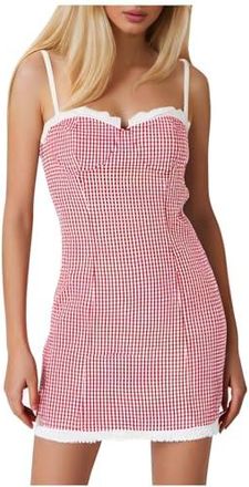 Generic Robe amincissante &agrave; carreaux pour femme - Coupe ajust&eacute;e - Style d&eacute;contract&eacute;, Rouge, M