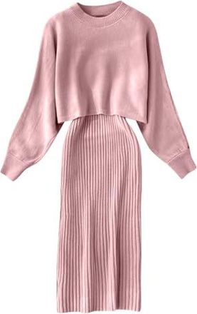 Generic Robe Fete Femme - Ensemble Robe Longue Femme en Maille Deux Pi&egrave;ces avec Pull Haut et Jupe Moulante &Eacute;l&eacute;gant Costume Tunique Mi-Longue