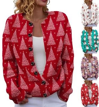 Generic HUIFUAO - Cardigan de Noël pour femme, imprimé arbre de Noël amusant, bonhomme de neige, pull de Noël doux et confortable, manches longues, boutonné, 