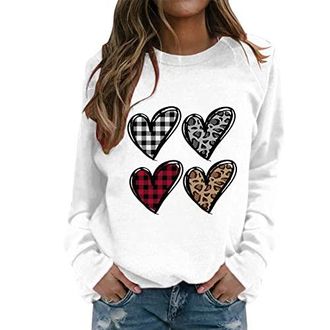 Generic 2026 Saint Valentin Femmes Sweat-shirt Col Rond Quatre Coeurs Imprim&eacute;s Manches Longues Casual Sweat-Tops, blanc, M