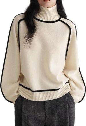 Generic Pull &agrave; col roul&eacute; surdimensionn&eacute; confortable en tricot avec bordure contrast&eacute;e pour lhiver, pull basique tendance pour lautomne, ecru, XXL