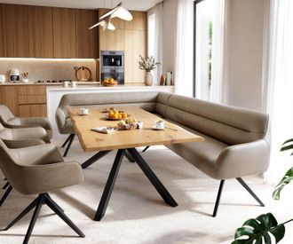 DELIFE Esszimmerbank Taya-Flex 285x190 cm Mikrofaser Beige Vintage Kreuzgestell kantig Schwarz Taschenfederkern Rechts, Eckb&auml;nke