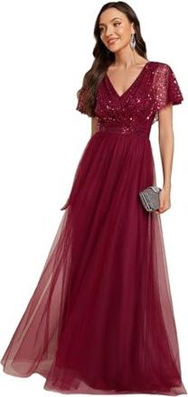 Ever-pretty Robe de Soirée Femme Longue Paillettes Tulle Col V Manches Volantées pour Bal Promo Bordeaux 36