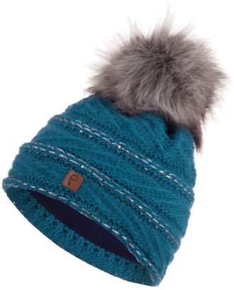 Faera Winterm&uuml;tze M&uuml;tze Damen warm gef&uuml;ttert mit Pailletten Kunstfell Bommel-M&uuml;tze Fleecefutter Winter Herbst Strickm&uuml;tze Beanie M&auml;dchen 62, Farbe:Petrol