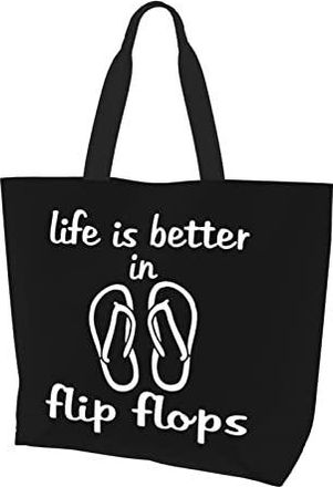 AOOEDM Life Is Better In Flip Flops Sac &agrave; provisions r&eacute;utilisable en toile pour femme