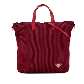 Prada Red Striped Tessuto Stampato Tote Bag