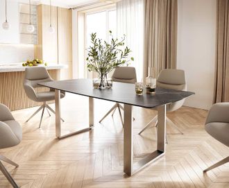 DELIFE Esstisch Edge Bootsform 200x100 Keramik Laminam Noir Desir Braun Edelstahl Schmal, Esstische