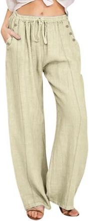 Generic Pantalon dété décontracté en lin pour femmes, jambes larges, cordon de serrage, taille haute avec poches, 2026, blanc, 3XL