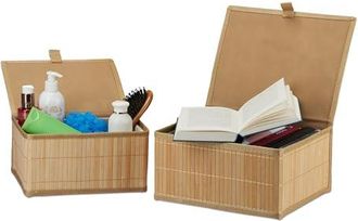 Relaxdays Aufbewahrungskorb, 2er Set, 2 Größen, mit Deckel, Bad, Kinderzimmer, Bambus & Stoff, Aufbewahrungsbox, Natur