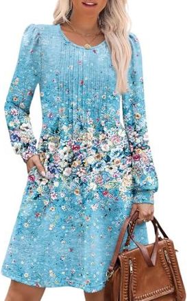 Generic Mini robe gaufr&eacute;e de style boh&egrave;me &agrave; manches longues et col rond - Robe d&eacute;contract&eacute;e fluide avec poches lat&eacute;rales - Douce et extensible - Confortable -