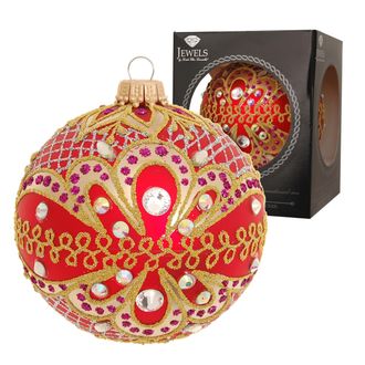 Krebs Glas Lauscha Weihnachtsdekoration/Christbaumschmuck aus Glas - Weihnachtskugeln - Farbe: Rot - verziert mit Strasssteinen - Gr&ouml;&szlig;e: 8 cm